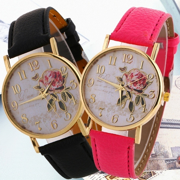 Women Leather Watches Fashion Casual Relogio Feminino Rose Flower Dial ...