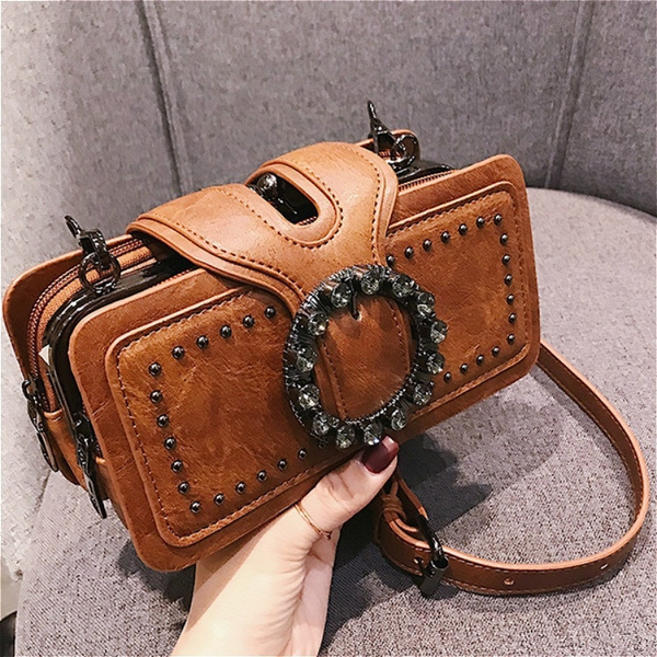 Retro Diamond Small Square Bag Wild Messenger Bag Rivet Chain Shoulder ...