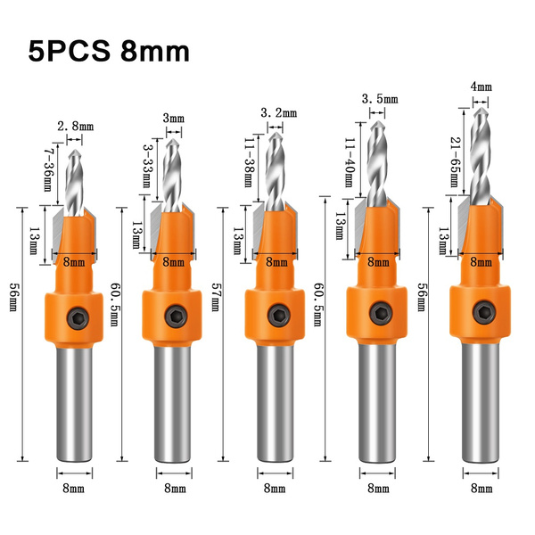1-5pcs 8mm Shank HSS Woodworking Countersink Router Bit Set Screw ...