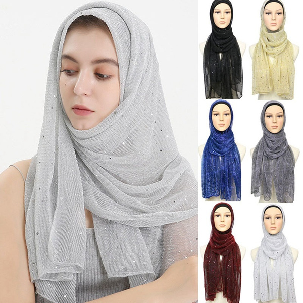6 Colors Muslim Women Solid Color Hijab Scarf Diamonds Glitter Femme ...