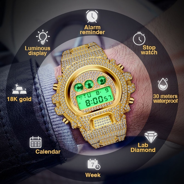 Bling Fully Iced Out Watch 18K Gold Plated Digital Watch G Style Shock ...
