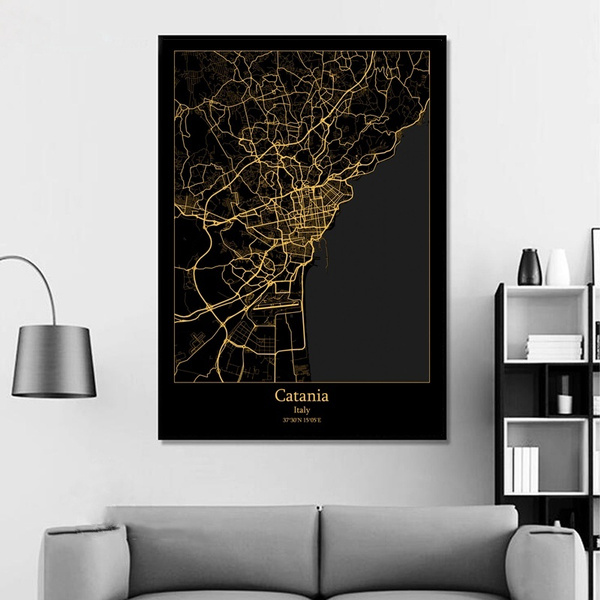 Catania Italy Modern City Gold Map Canvas Art Print Home Room Decor ...