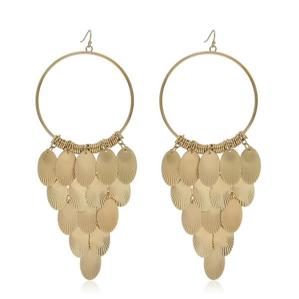 Exaggerate Tassel Big Sequin Drop Earrings Indian Punk Circle Round Iron Feather Pendant Long ...