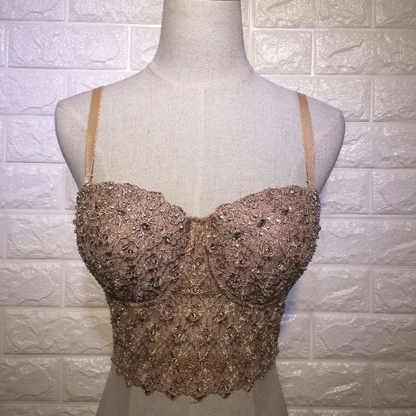 Nude Mesh Lace Bead Bustier Pearls Diamond Push Up Night Club Bralette