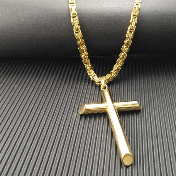 Cross Pendant Necklace Mens Boys Stainless Steel Byzantine Chain 22 24 ...