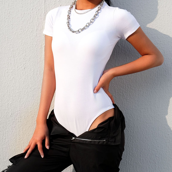 Fashion Casual Solid Fitness Basic Summer Bodysuit Women Short Sleeve ...