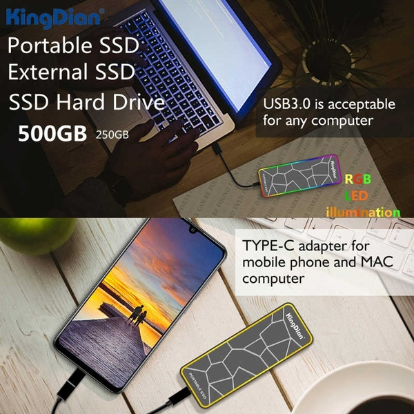 KingDian Portable SSD LED Lighting Solid State Drive Type-c To USB 3.0 ...