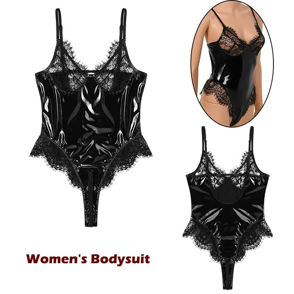 Womens Wetlook Patent Leather Spaghetti Straps Lace Cups Zipper Crotch