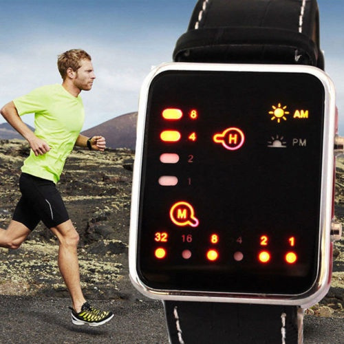 Mens Binary Code Digital Display LED Watch with Faux Croc Leather Band ...