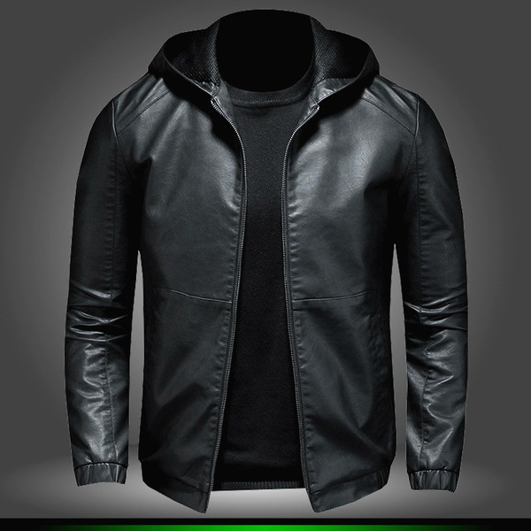 Men's Casual Leather Jacket Business Motorcycle Hooded Leather Coat | Wish