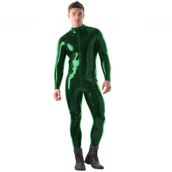 Plus Size S-6XL Men Wetlook PVC Bodycon Jumpsuit Front Zipper Zentai ...