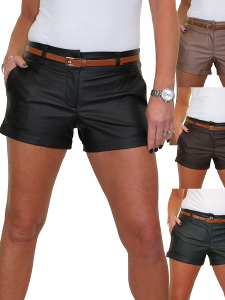 Women's Belted Turn Up Leather Look Shorts Ladies Smart Summer Stretch ...