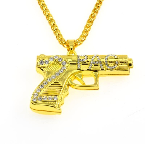 Hip Hop Iced Out 2PAC Machine Gun Pistol Pendant Gold Plated Necklaces ...