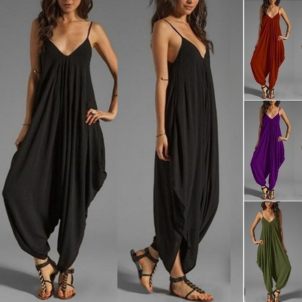 Plus Size Summer Women Casual Sleeveless Rompers Jumpsuits Solid Color ...
