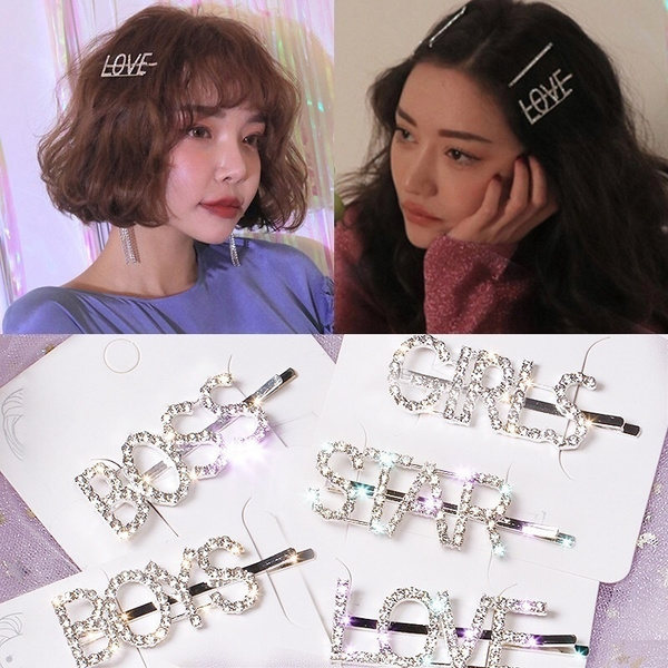 Crystal Diamond Hair Clips Silver Letter Pattern Girls Hair Pins Charm ...