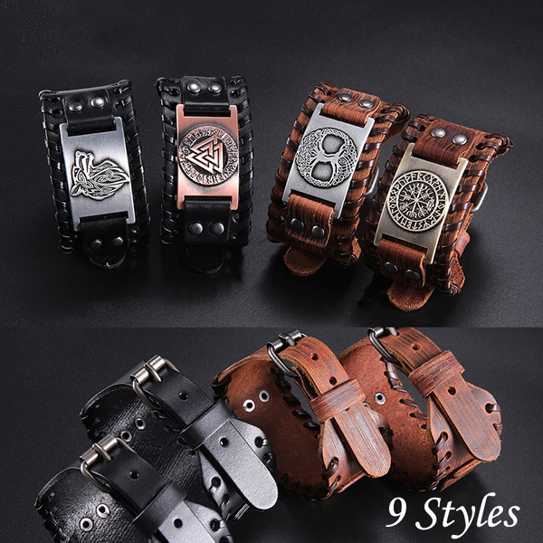 Norse Runes Odin Symbol Wrap Genuine Wide Leather Braided Bracelet ...