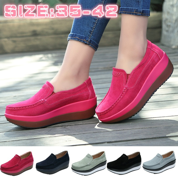 Women's Shake Shoes Leather Platform Shoes Slip-On Casual Wedge Shoes ...
