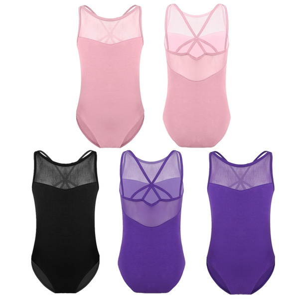 Kids Dance Leotard Girls Sleeveless Cotton Mesh Splice Ballet Leotard ...