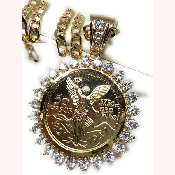 Gold Pl Coin Centenario Mexicano Moneda 50 Pesos Pendant Chain CZ Oro ...