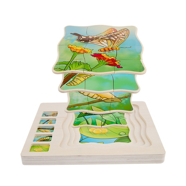 Montessori Wooden Multi-layer Puzzle Butterfly/Frog Puzzle Animal and ...