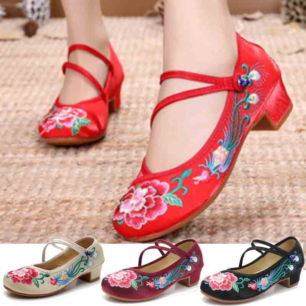 Women Heeled Sandals Folk Embroidered Shoe Retro Chinese Traditional ...