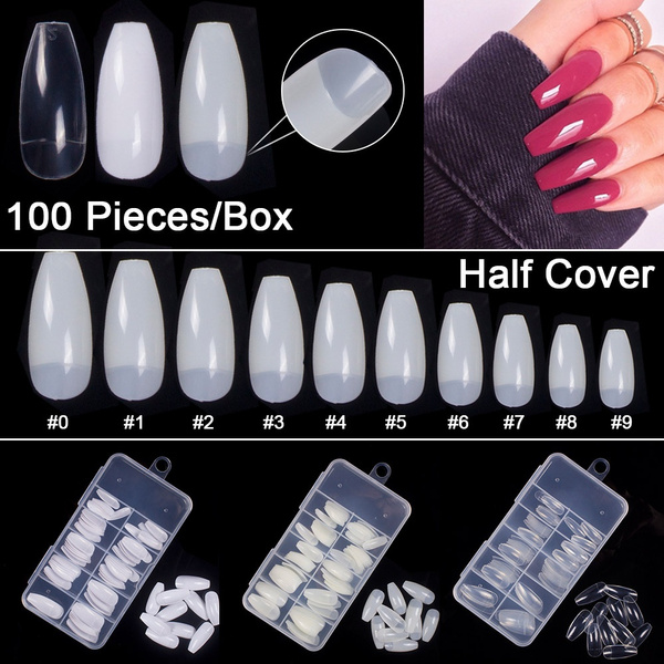 Half Cover Long Coffin Ballerina False Nail Tip 100 Pieces With Nail ...