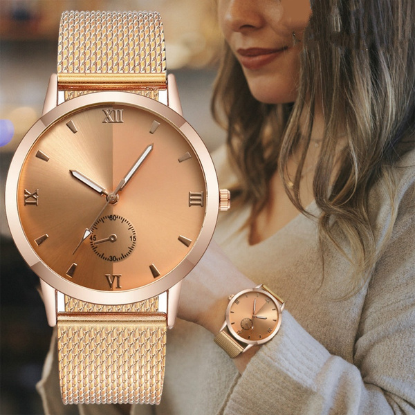 New Fashion Luxury Women Watch Rose Gold Stainless Steel Mesh Strap ...