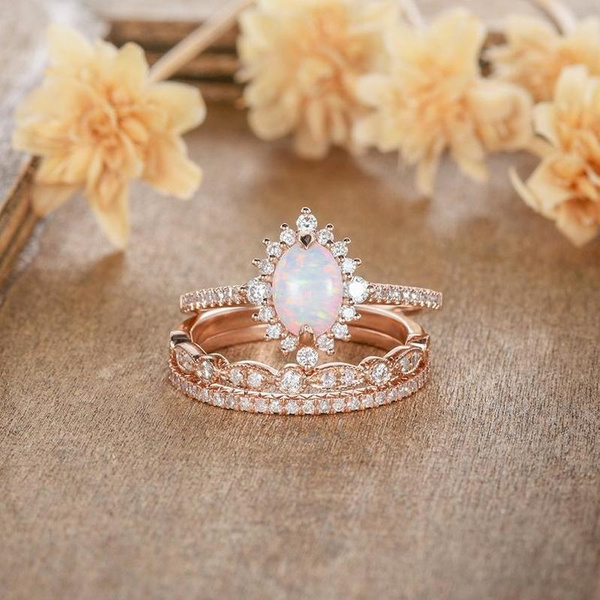 3Ps/Set Princess 18K Rose Gold Oval Cut Fire Opal Diamond Bridal ...
