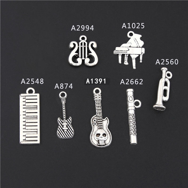 Antique Silver Guitar Piano Trumpet Charms Musical Instrument Pendant ...