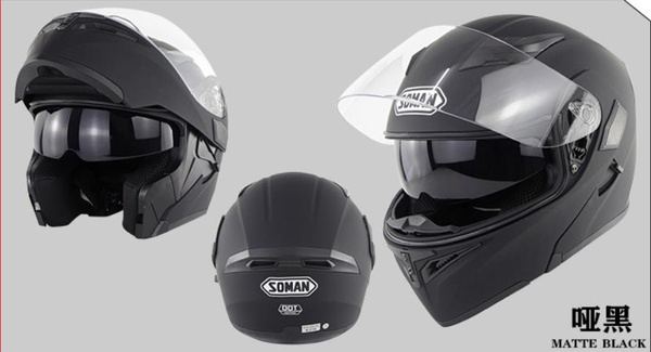 New Matte Black Motorcycle Helmet Double-lens open face helmet up ...