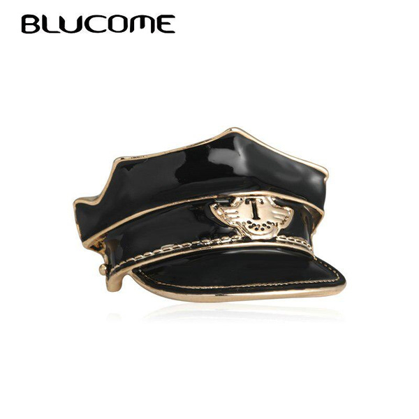 Blucome Black Police Hat Shape Brooches Badge Pins Gold Color Cospaly ...