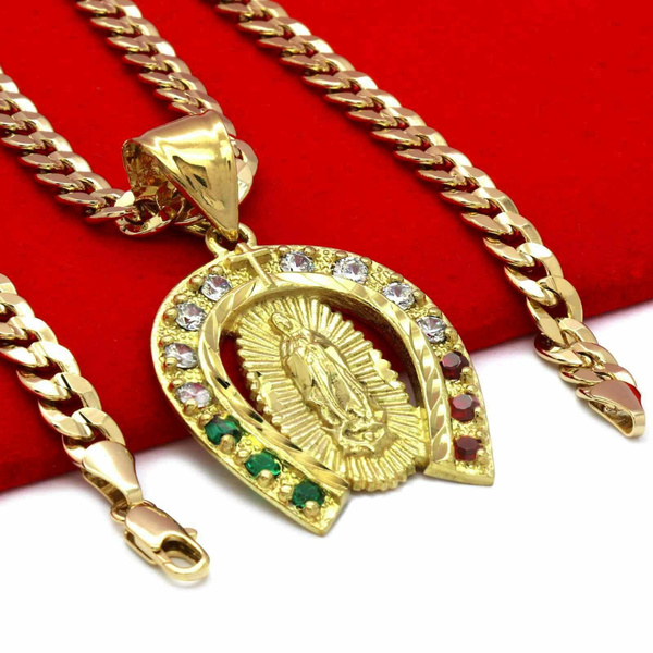 Mens 18k Gold Plated Mexican Color Virgin Mary Pendant 6mm 24" Cuban ...
