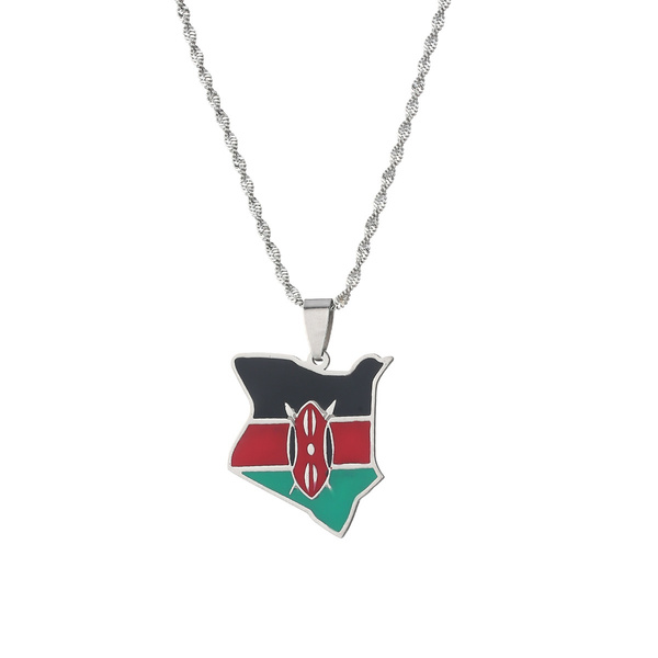 Stainless Steel Map of Kenya Flag Enamel Pendant Necklaces Trendy Kenya ...
