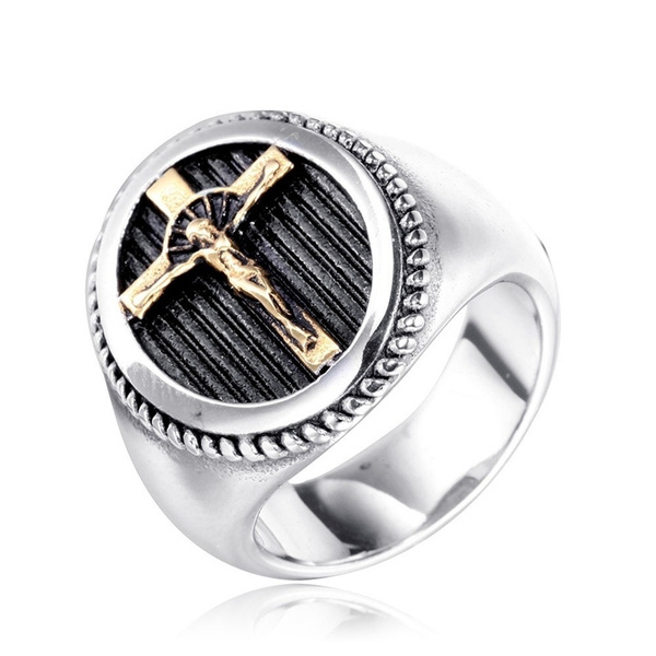 Vintage Men's 316L Stainless Steel Jesus Cross Ring Religious Gold and ...