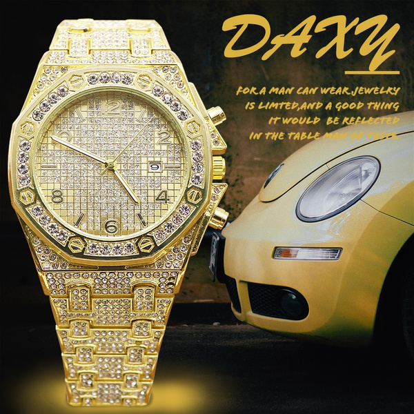 Men Luxury Brand Mens Calendar Gold Watch Quartz Clock Big Diamond ...