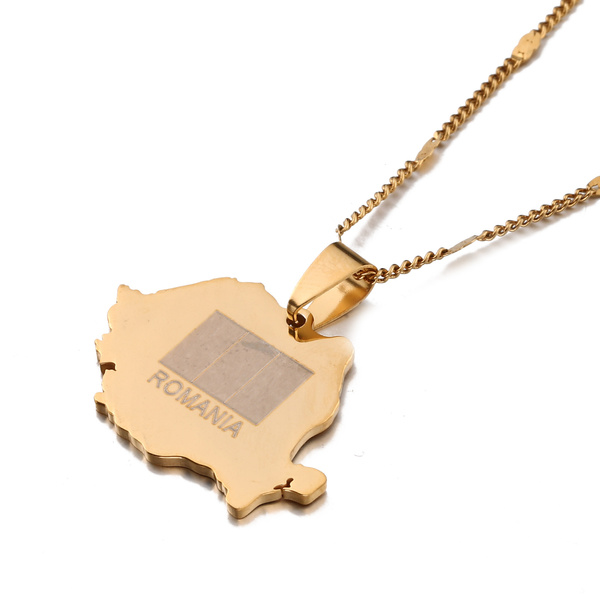 Stainless Steel Gold Color Romania Map Flag Pendant Necklace Trendy ...