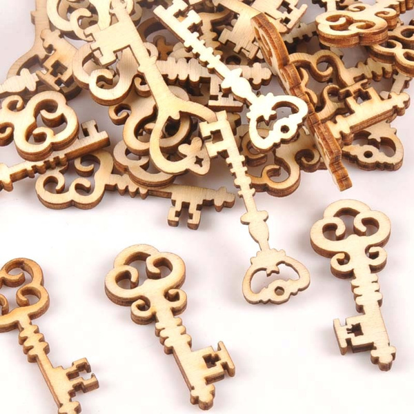 25Pcs Wooden Ornament Mixed Key Pattern DIY Crafts Home Decoration ...