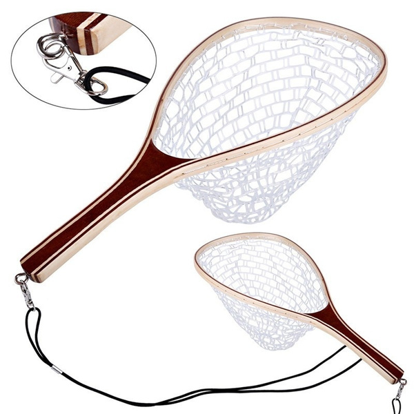 New Fly Fishing Landing Net Soft Rubber/Nylon Mesh Wooden Frame Hand ...