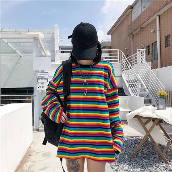 New Ladies Fashion Rainbow Top Rainbow Striped Long Sleeve Shirt Loose ...