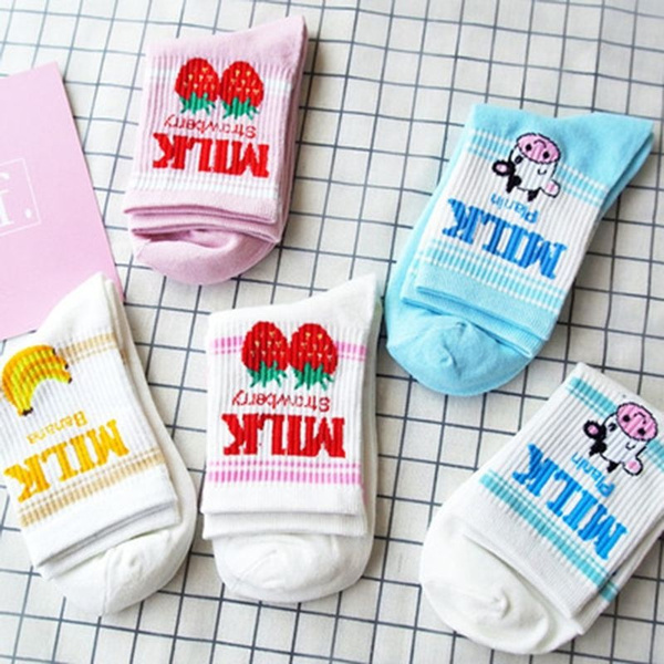 1 Pair Cotton Kawaii Strawberry Banana Milk Cow Socks Woman Girls ...