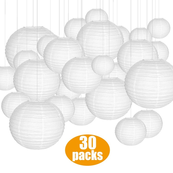 30 pcs White Paper Lanterns/Led Lights Assorted Sizes of 4"-14" Chinese ...