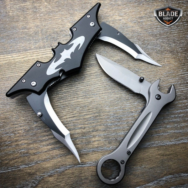 2 PC Dark Knight Batman Dual Blade Folding Pocket Knife + Wrench Multi ...