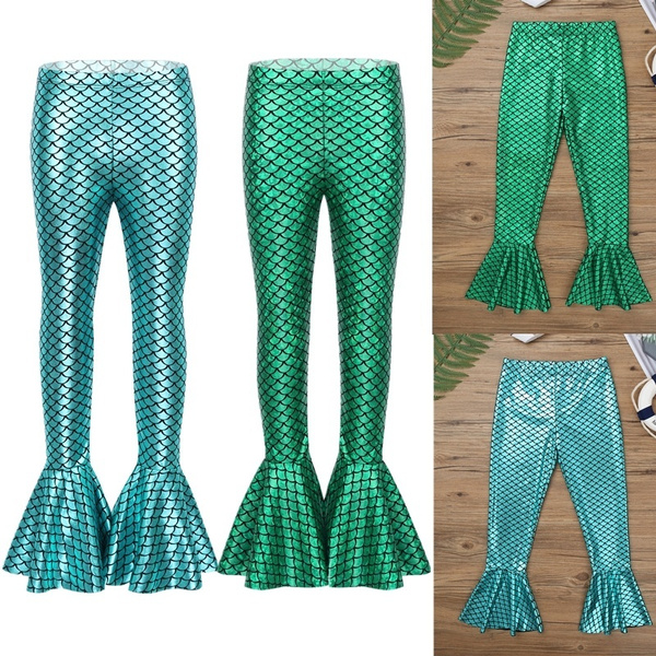 Kids Girls Shiny Fish Scales Printed Bell Bottoms Flared Pants Mermaid ...