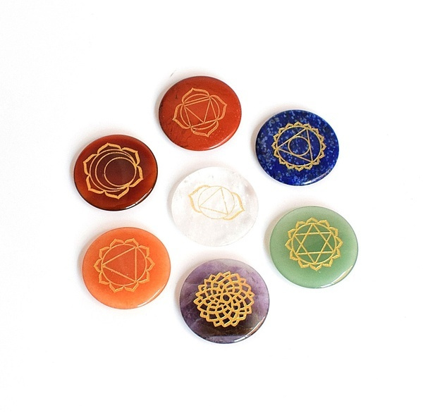 Set of 7 Pieces Ultrathin Natural Chakra Stones Engraved Chakra Symbols ...