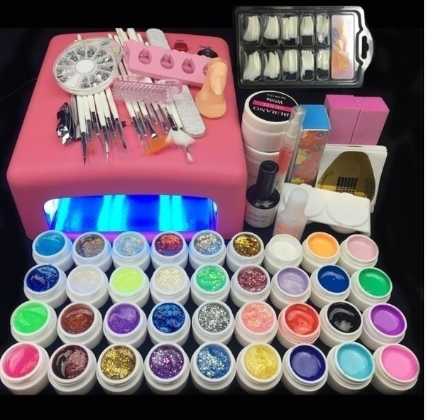 New 36 Colors UV Gel Nail Art Kit + 36 W UV Lamp Nail Gel Building Kit ...