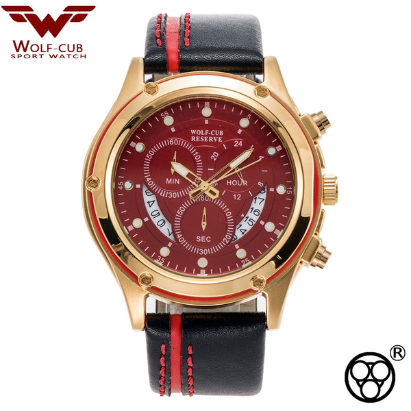 WOLF-CUB Sport Chronograph Mens Watches Gold White Casual Leather ...