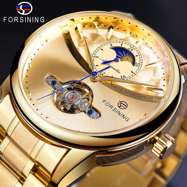 man Automatic Self-Wind Male Watch Golden Dial Stainless Steel Casual ...