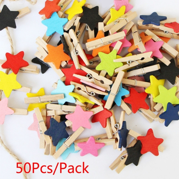 50Pcs/Pack Mix Color Mini Wooden Star Photo Clips Diy Home Decoration ...