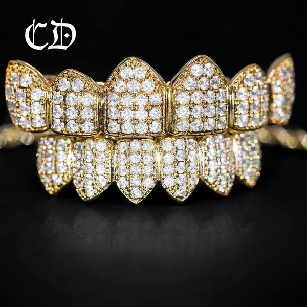 Unisex 18K Hip-hop Silver Gold Grillz Iced Out Braces Fangs Diamonds ...