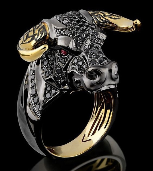 Mighty Men's Bull Head Ring 18K Black Golden Plated Biker Punk Rings ...